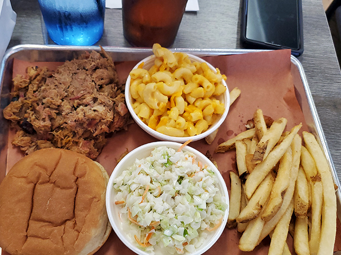 The pulled pork comes in that perfect state between sliced and shredded, with mac and cheese that's practically glowing with comfort.