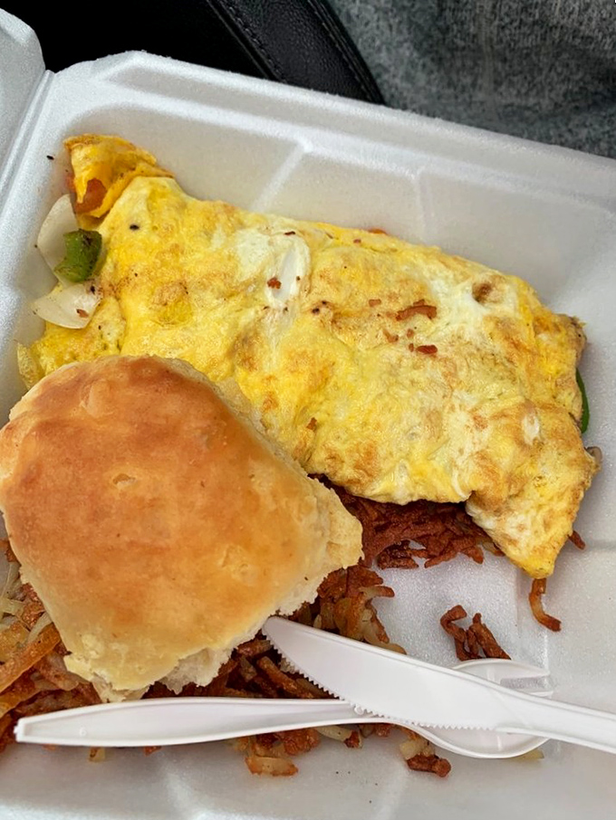 Breakfast to-go doesn't have to be sad. This omelet, biscuit, and hash brown combo is the morning motivation some people pay life coaches to provide.
