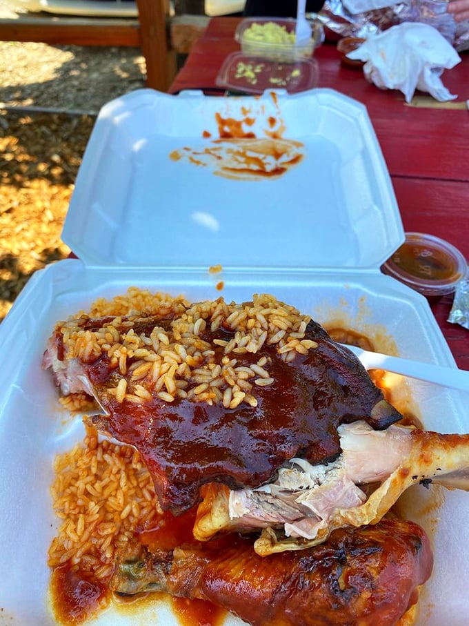 The "Why choose?" platter. Rice playing Switzerland between saucy ribs and chicken legs that would make Colonel Sanders weep with envy.