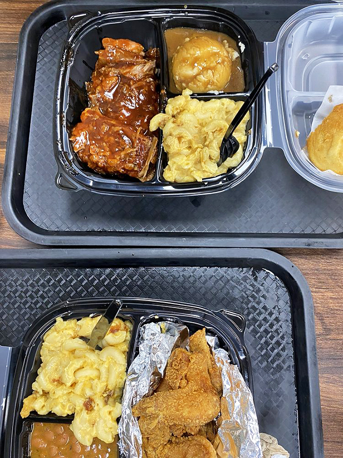 BBQ ribs glistening with sauce that required generations to perfect, alongside mac and cheese that puts childhood memories to shame.