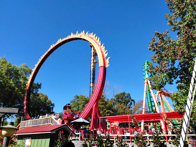 This fiery red loop defies both gravity and common sense, yet somehow convinces thousands of rational humans to willingly ride it daily.