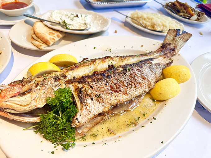 This whole grilled fish doesn't just look at you&mdash;it transports you to a seaside taverna. The lemons aren't garnish; they're essential co-stars.