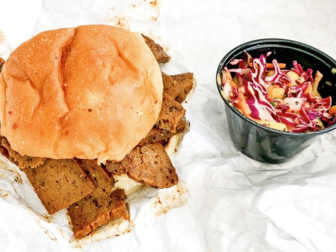 The smoked seitan sandwich proves vegetarians needn't miss the barbecue party. That vibrant slaw adds the perfect acidic counterpoint.
