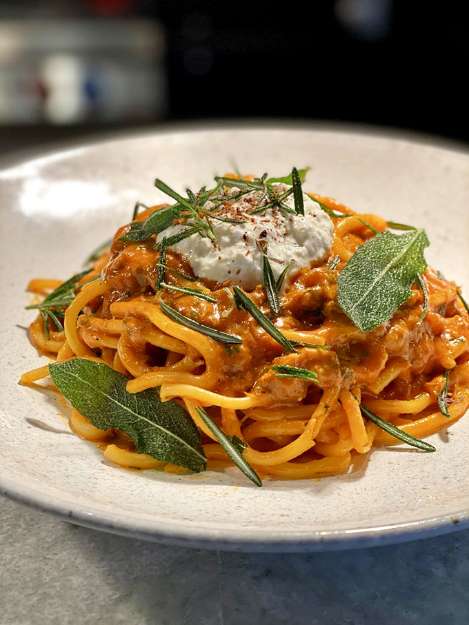 A tangle of pasta that's dressed better than most people at fashion week, with sauce clinging to every perfect strand.