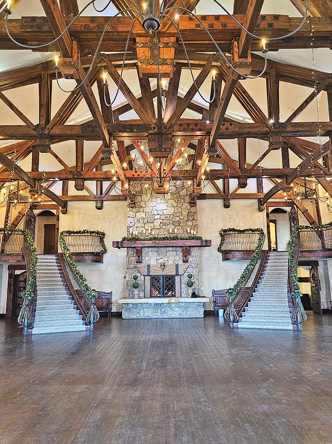 Grand staircases worthy of Cinderella's dramatic entrance frame a magnificent stone fireplace&mdash;the kind that makes you want to toast marshmallows and tell medieval ghost stories.