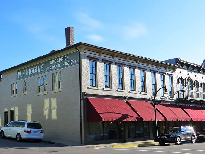 W.H. Higgins still announces itself in vintage lettering&mdash;a reminder that shopping wasn't always dominated by algorithms and one-click ordering.