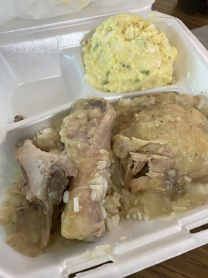 Stewed chicken resting on a bed of rice with potato salad standing guard. Comfort food that hugs you from the inside.