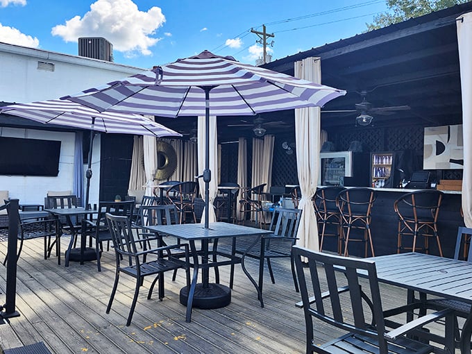 The Feed Sack's outdoor dining deck offers the perfect respite for weary shoppers&mdash;because hunting for treasures burns calories that demand immediate replacement.