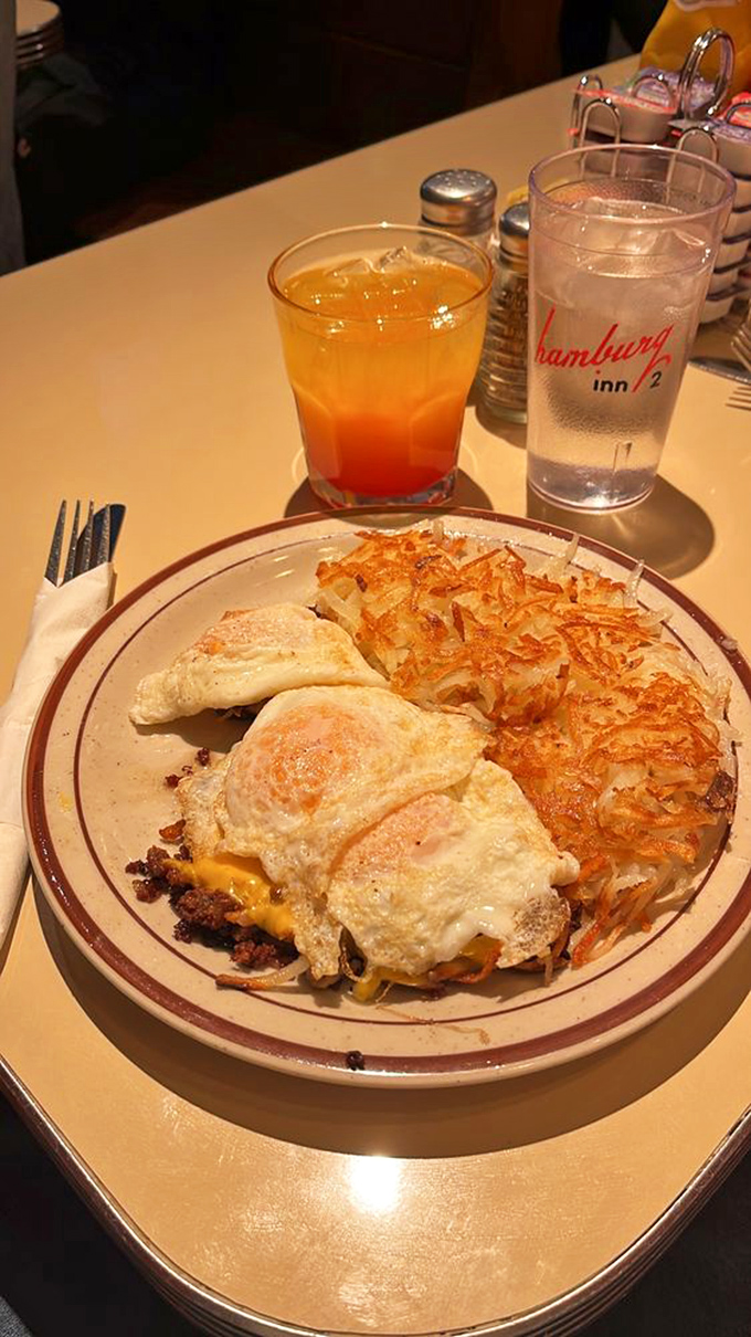 The Iowa Skillet: where eggs, cheese, and perfectly crisped potatoes come together in a harmony that would make a choir director weep with joy.