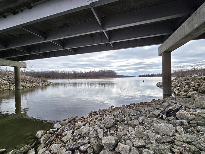 Beneath the concrete and steel lies a different perspective of Long Branch. Even in winter's embrace, the water maintains its hypnotic pull.
