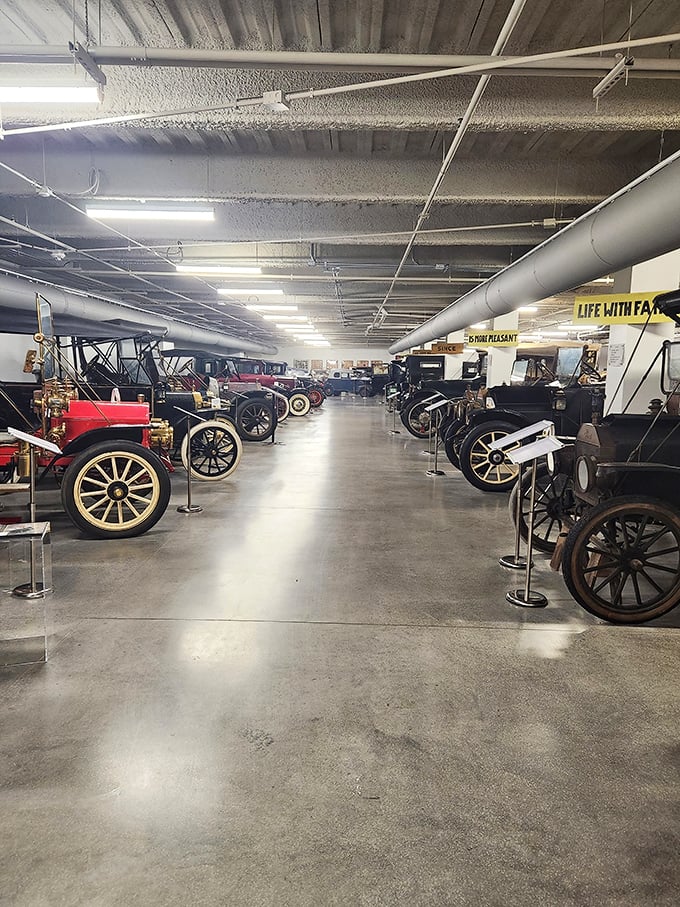 A lineup of Model Ts and their contemporaries shows how quickly automotive design evolved in those pioneering decades of the 20th century.
