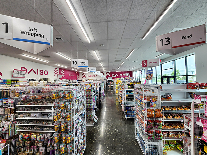 Daiso's aisles are meticulously organized by category, with helpful overhead signs guiding you through this Japanese retail wonderland.