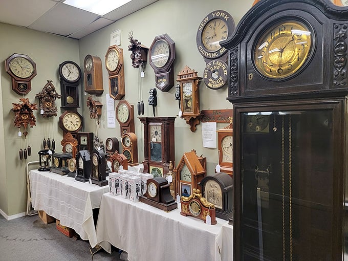 Time literally stands still in the clock section, where grandfather, cuckoo, and mantel timepieces wait patiently to mark the hours in someone's home again.