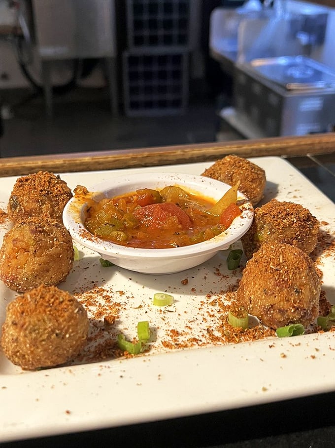 Hushpuppies' sophisticated cousins have arrived at the party. These crispy bayou balls with their spicy dipping sauce will have you speaking Cajun by dessert.