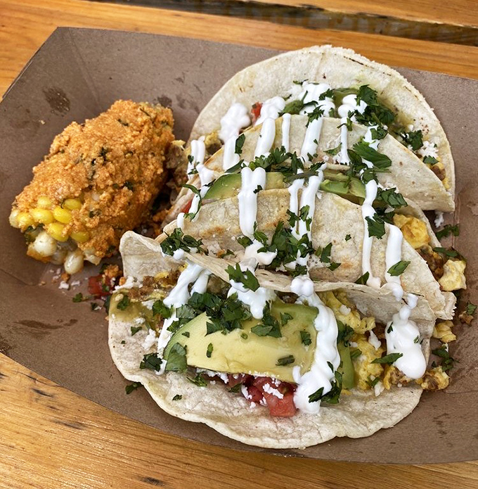 Breakfast tacos that make you question why you'd ever eat anything else before noon&mdash;fresh, vibrant, and topped with a zigzag of creamy sauce.