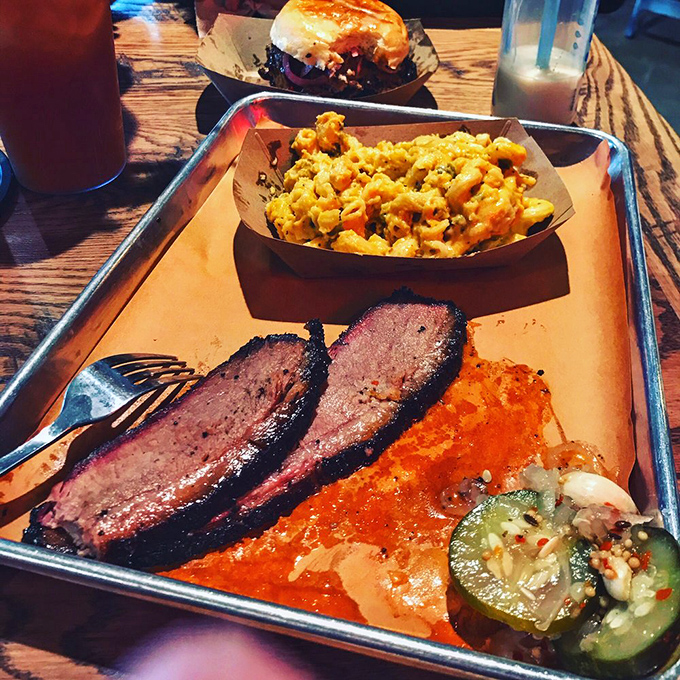 Like a barbecue artist's palette, this tray showcases brisket's starring role alongside supporting acts of mac and cheese and pickled jalape&ntilde;o.