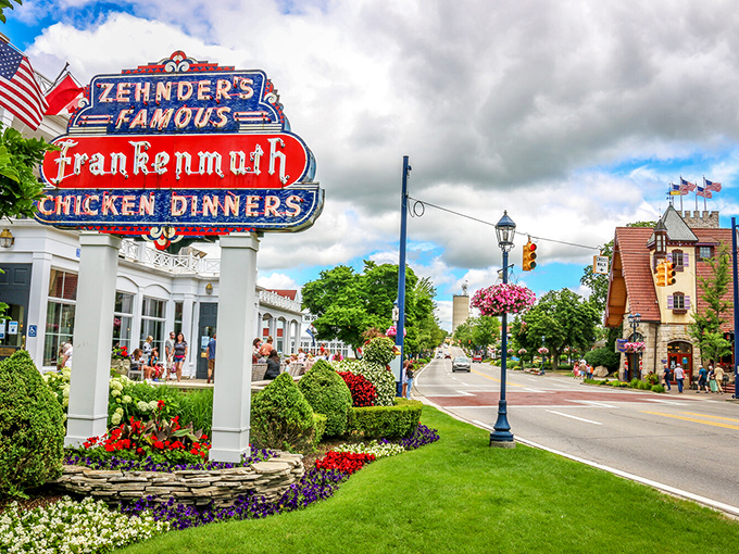 The Bavarian Belle Riverboat docked along Frankenmuth's waterfront looks ready for its close-up. Mark Twain would approve of this Michigan-meets-Mississippi moment.