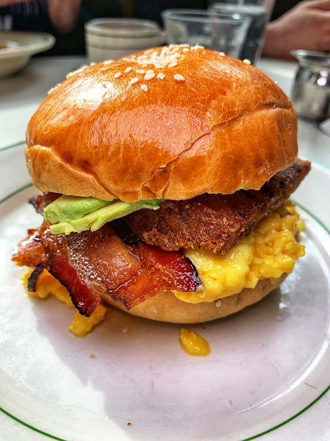 This breakfast sandwich isn't messing around&mdash;a skyscraper of crispy bacon, melty cheese, and egg on a bun that deserves architectural recognition.