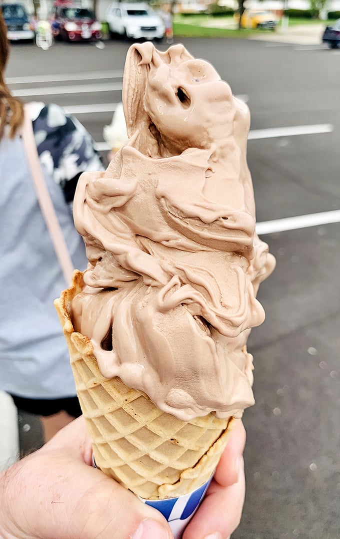 This chocolate cone isn't just dessert, it's architecture&mdash;swirls and peaks creating a landscape of creamy decadence that demands to be savored.
