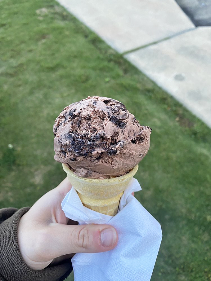 A chocolate lover's dream perched atop a freshly made waffle cone&mdash;the kind of simple pleasure that makes Monday feel like Saturday.