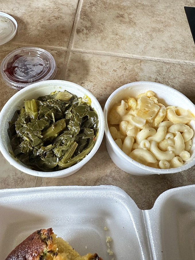 Soul food's dynamic duo: collard greens with personality and mac and cheese that makes you question all other mac and cheese relationships.