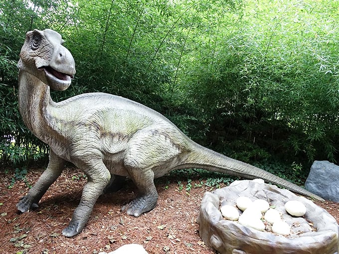 This dinosaur looks suspiciously well-fed for something that's been extinct for 65 million years. Those eggs aren't fooling anyone, buddy