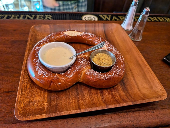 German engineering at its finest: a pretzel designed specifically for maximum dipping efficiency into two perfect accompanying sauces.