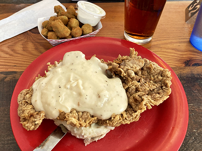 Country-fried steak smothered in gravy that would make your grandmother both jealous and proud. Comfort food that hugs your soul.