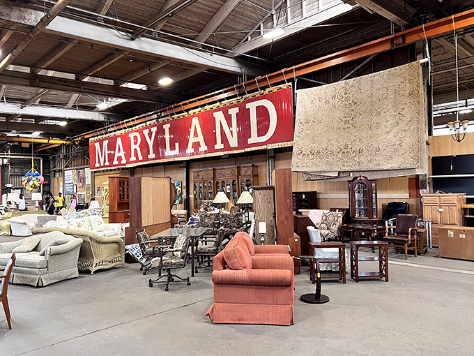 That "MARYLAND" sign looms over furniture like a state flag over its quirky citizens&mdash;bold, unmistakable, and slightly nostalgic.