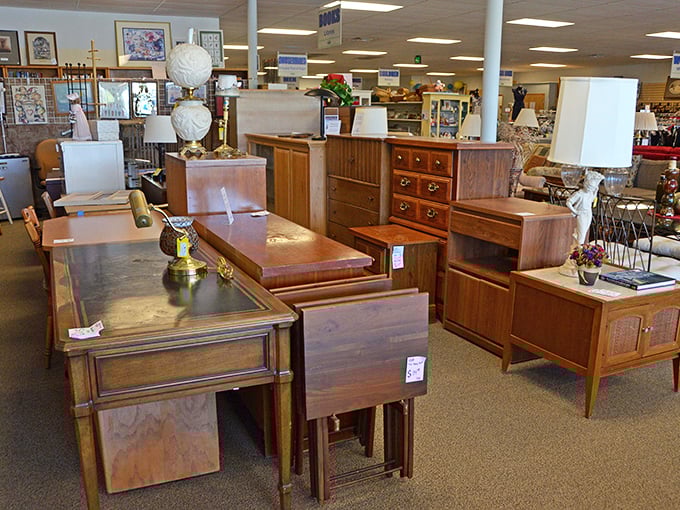 Mid-century modern meets traditional in this wood furniture showcase. Your grandmother's dining set might be hiding among these polished treasures.