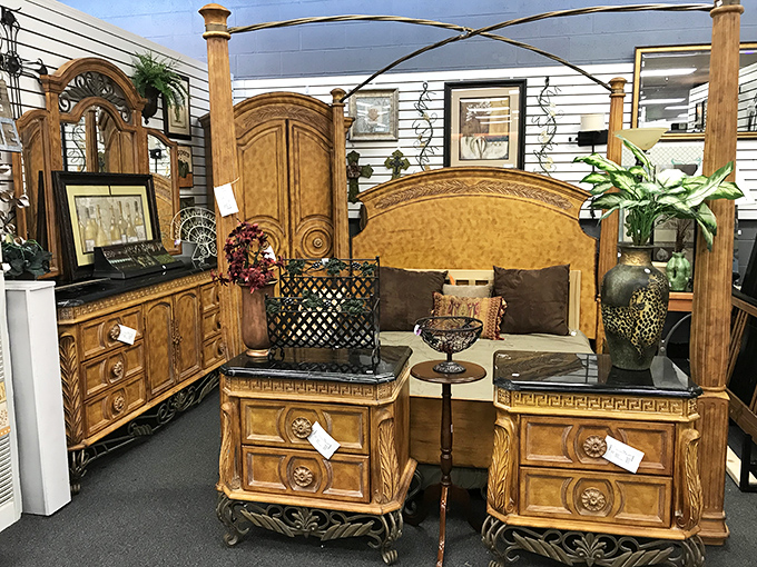 Bedroom furniture fit for royalty&mdash;or at least someone who enjoys pretending they're royalty while reading in bed. This ornate set whispers tales of elegant dinner parties past.