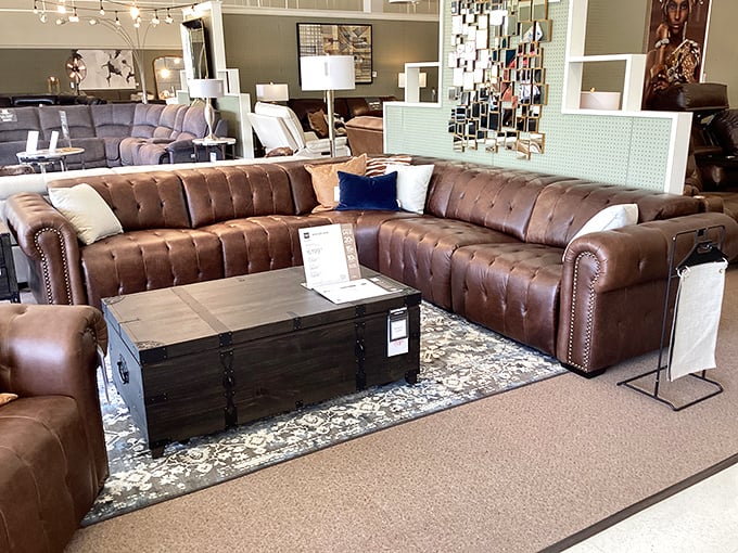 This leather sectional isn't just furniture&mdash;it's a lifestyle declaration. "I have arrived," it says, "and I'm staying comfortable while doing it."