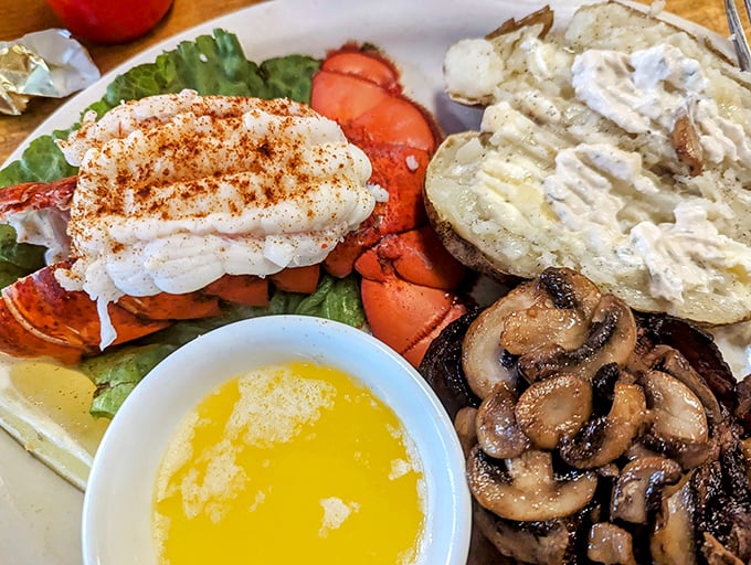 Ocean meets ranch in this delightful plate. The lobster tail perched atop fresh greens looks like it's ready for its close-up on a food magazine cover.