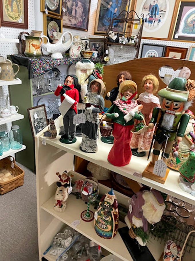 A choir of vintage holiday figurines stands at attention, each face telling the story of Christmas celebrations from generations past. 
