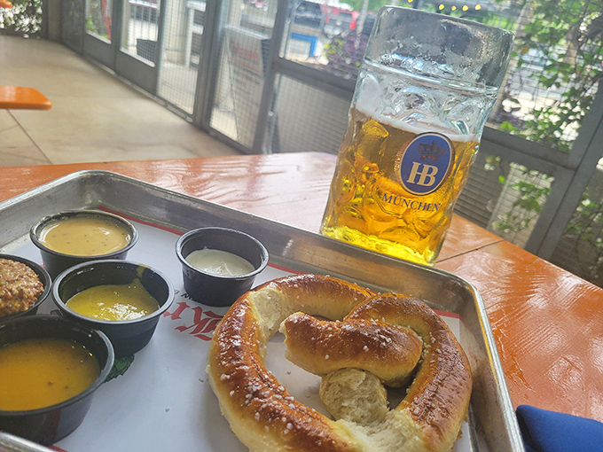 The holy trinity of happiness: a perfectly bronzed pretzel, tangy mustard, and a beer so golden it deserves its own Olympic medal.