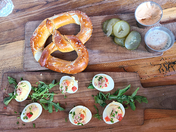 Deviled eggs and pretzel: the unexpected power couple that makes you wonder why this isn't standard in every restaurant across America.