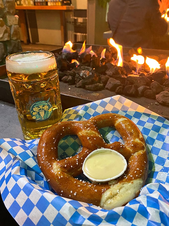 Fire and beer and pretzel, oh my! This holy trinity of German beer garden pleasures proves some traditions need absolutely no improvement. 