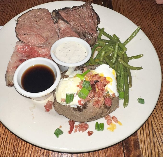 Savory beef, sauces for dipping, and sides that don't compete for attention. This plate has its priorities perfectly in order.