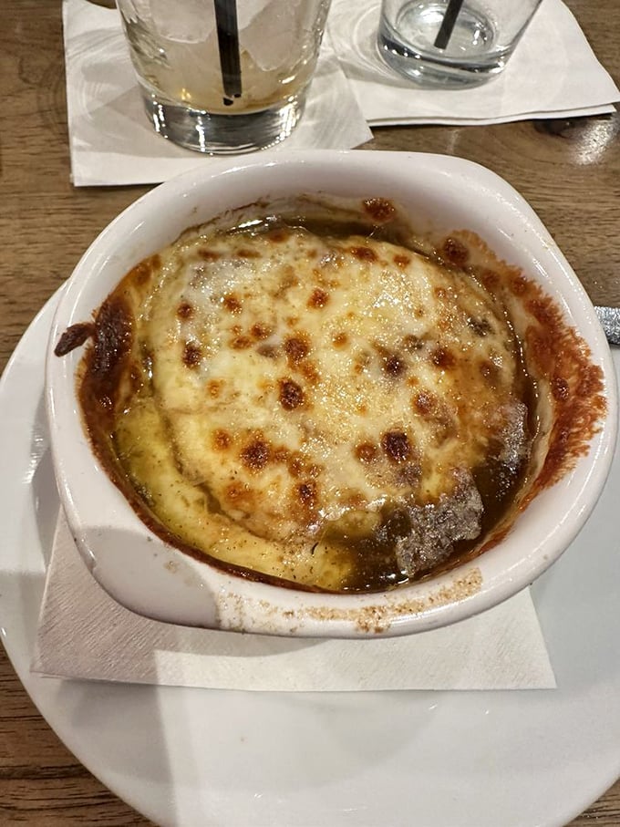 The Swiss Alps of soup experiences&mdash;majestic, memorable, and worthy of pilgrimage. That perfectly browned cheese stretches like a scene from a pizza commercial.