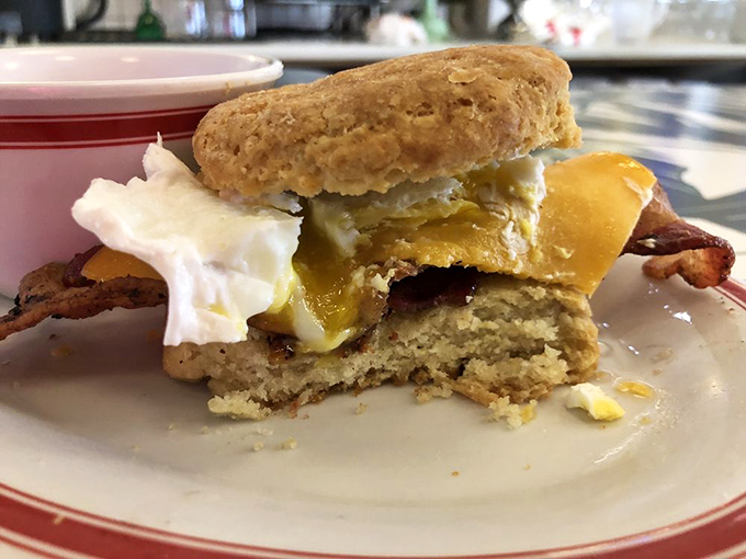 Breakfast sandwich nirvana&mdash;runny egg, crispy bacon, and melty cheese on a housemade biscuit that would make your Southern grandmother nod in approval.