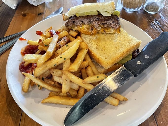 The humble sandwich elevated to art form, with golden fries standing at attention alongside. A lunch option that makes breakfast jealous.