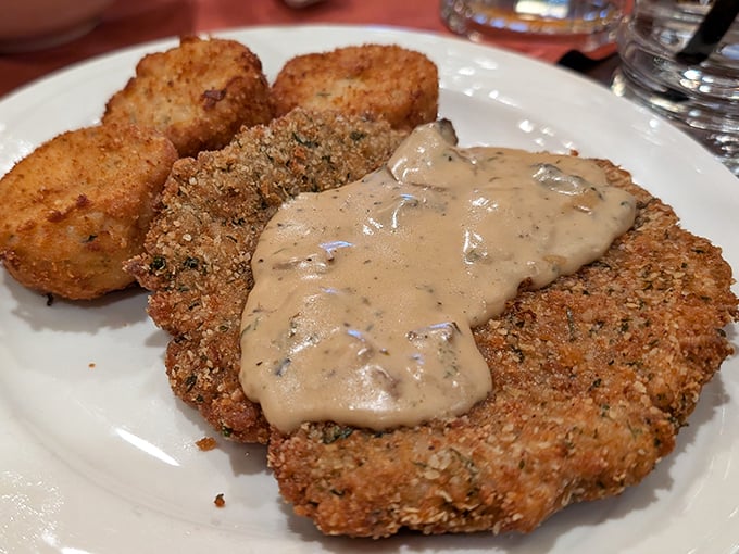 Schnitzel that's been breaded with what must be angel tears and German precision, topped with a sauce that deserves its own fan club.