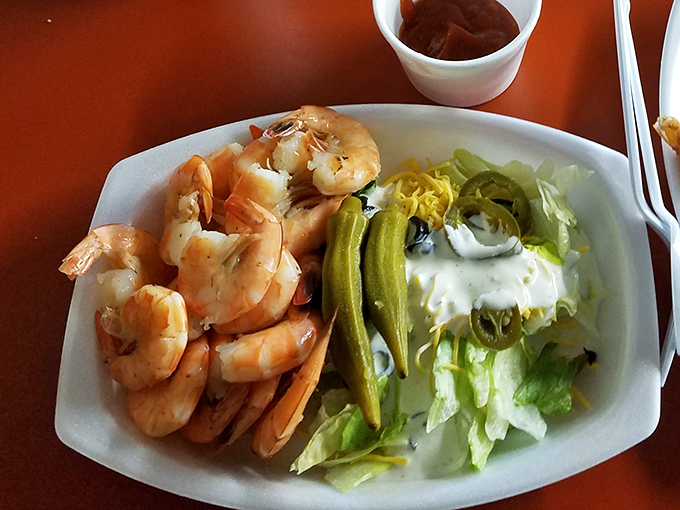 These boiled shrimp aren't just seafood&mdash;they're little pink crescents of oceanic perfection nestled against crisp vegetables and tangy okra.