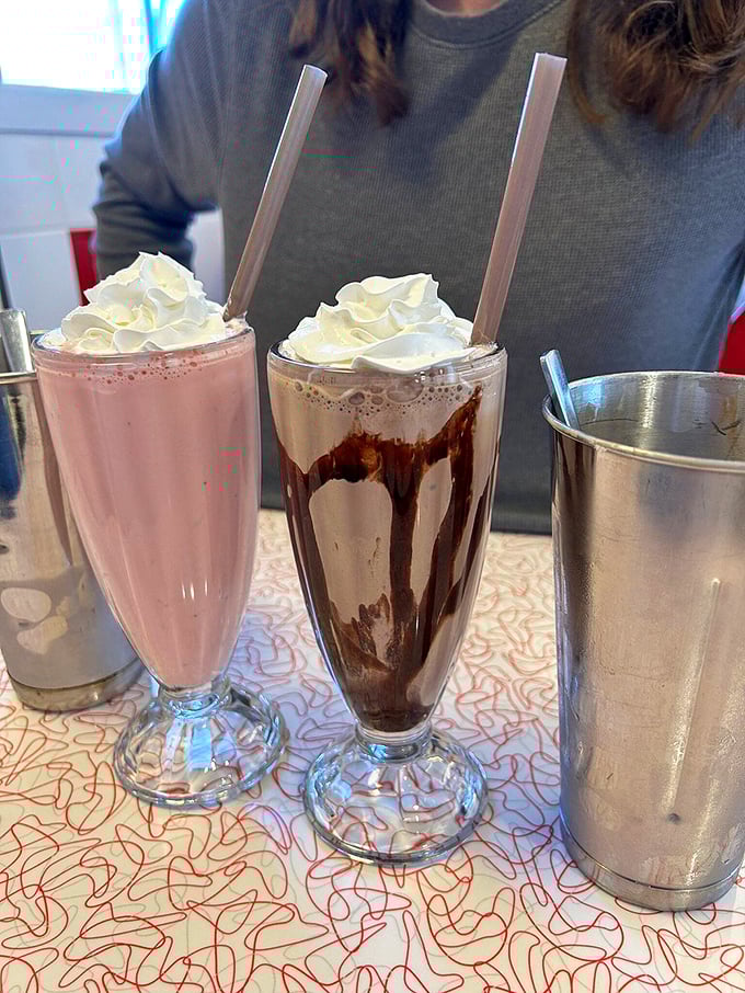 Pink meets chocolate in a milkshake showdown. These aren't those wimpy fast-food imposters&mdash;these are hand-spun monuments to dairy excellence that demand your respect.