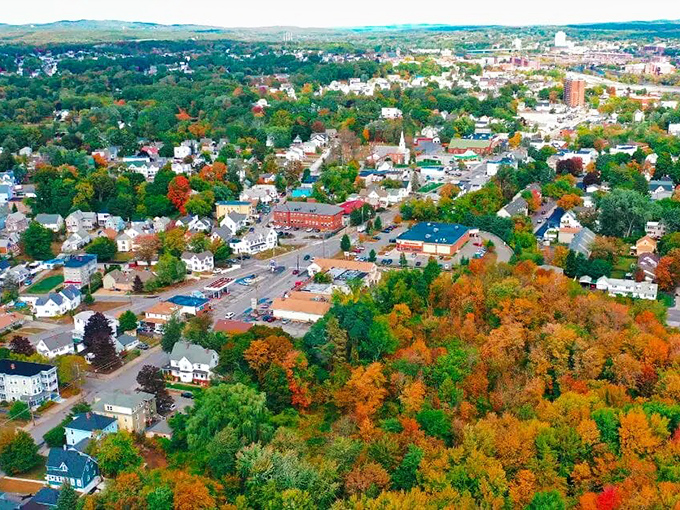 Bedford's aerial view showcases why fall in New Hampshire feels like walking through a painter's most ambitious work.