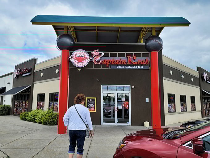 Captain Krab's bold entrance columns make a statement: serious Cajun seafood has arrived in Harrisburg, bibs strongly recommended!