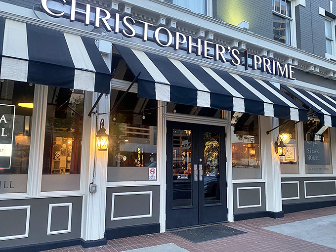 Those classic black and white awnings whisper of old-school elegance &ndash; Christopher's Prime knows steak tradition isn't something to mess with.