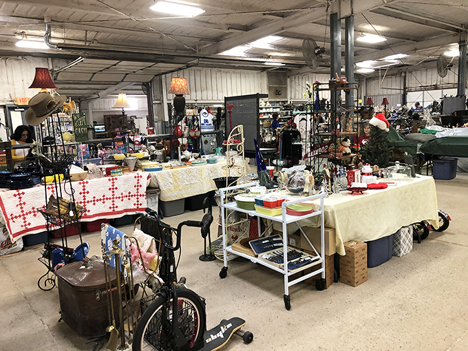 Colonel Dick's Flea Market transforms a simple warehouse into a collector's paradise. The unassuming exterior hides countless discoveries.