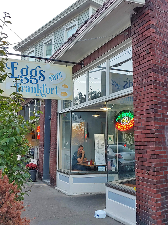 "Eggs Over Frankfort" isn't just clever wordplay&mdash;it's a Louisville breakfast promise delivered with every perfectly poached egg. The sign says it all!