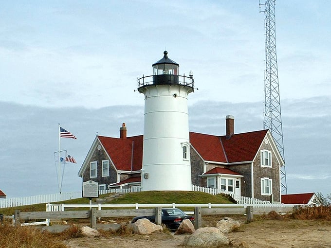 Gaze at the historic Nobska Light in Falmouth, where you can enjoy stunning coastal views and classic New England maritime charm.